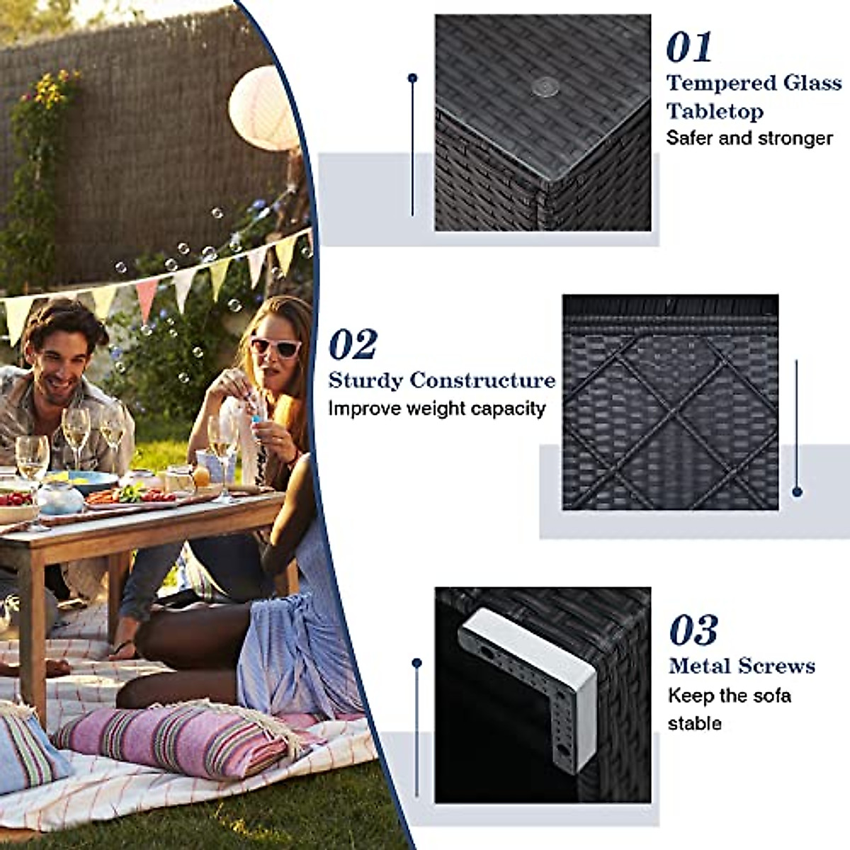 MFSTUDIO 9 Piece Patio Furniture Set,Outdoor Sectional Sofa Conversation Set with Upgrade Brown Rattan Wicker,Blue Removable Cushion&Coffee Table,Low Back Design