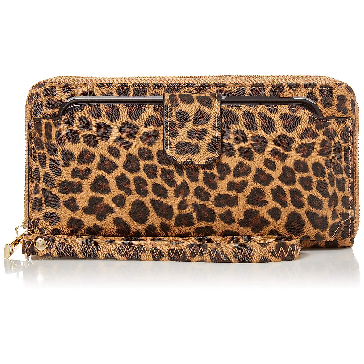 Amazon Essentials Women Wristlet Wallet with Cell Phone Holder Zip Around Wallet PU (Brown Leopard)