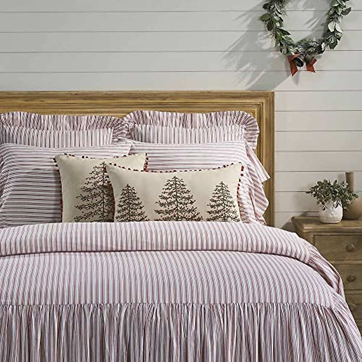 Piper Classics Timeless Ticking Red Ruffled California King Bedspread, High Skirt on 3 Sides, Vintage Farmhouse Bedding, Christmas