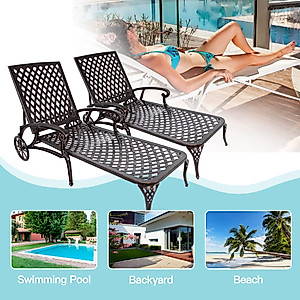 HOMEFUN Chaise Lounge Chair Outdoor, Pool Lounge Chairs Set of 2 Cast Aluminum Tanning Chairs with Adjustable Backrest and Moveable Wheels, Bronze