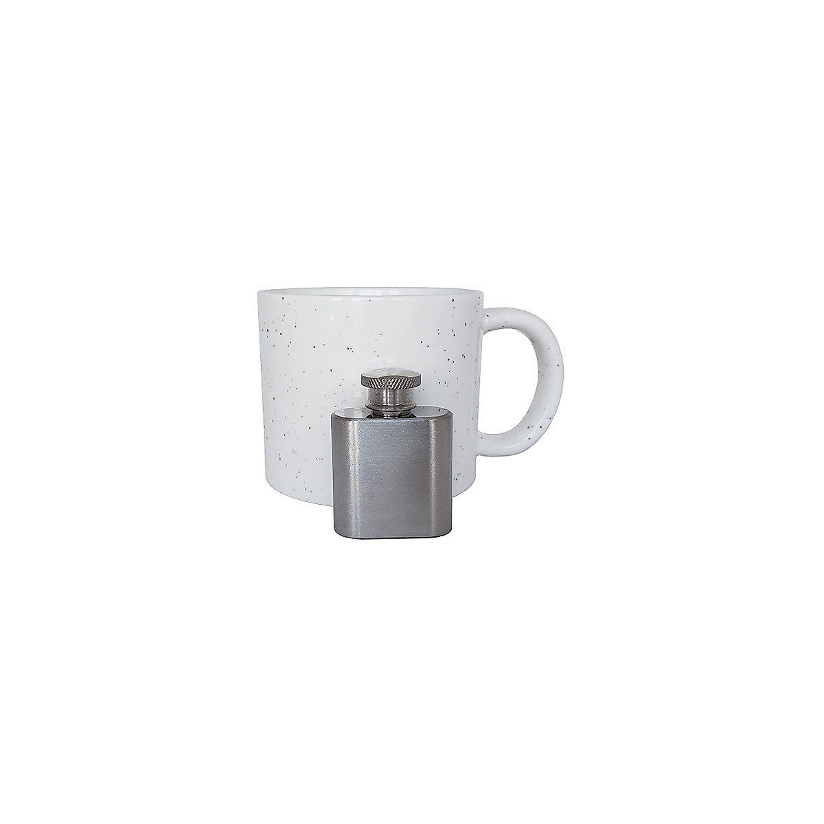 Lemur Ceramic Coffee Mug with Stainless Steel Flask - 12 oz White Speckled Mug, 1 oz Hip Flask Attached with Leather Strap