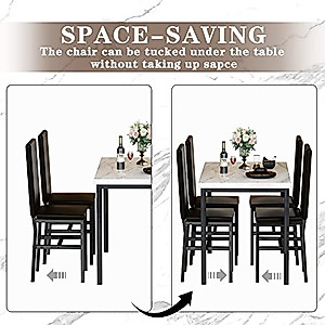 Hooseng Dining Table Set for 4- Space Saving Kitchen Table and Chairs for 4, Modern Style Faux Marble Tabletop & 4 PU Leather Chairs, Perfect for Dining Room,Breakfast Corner Small Spaces,Brown&White