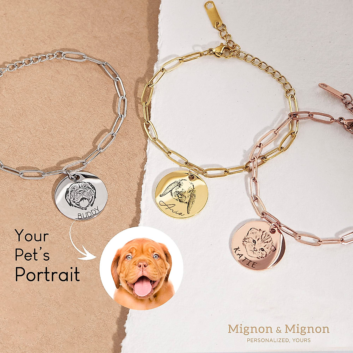 MignonandMignon Personalized Pet Portrait Engraved Bracelet Dog Memorial Jewelry Paperclip Chain Custom Birthday Idea for Animal LoverMultiple Disc Charm Mother's Day Gift -P-LCBR-AP