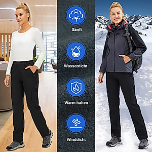 Women's Snow pants Hiking ski Waterproof Fleece Lined Outdoor Cargo Pants Softshell Winter Warm Pants with Zipper Pockets,H4409,Black,6