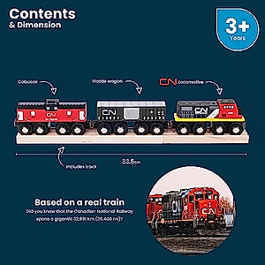 Bigjigs Rail Wooden CN Train - 1 Engine, 2 Carriages & 2 Track Pieces, Kids Train Toy Accessories, Toddler Railway Sets, Trains with Magnetic Couplings, for 3+ Year Old
