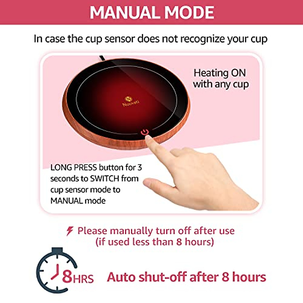 Nouvati Candle Warmer/Mug Warmer/Coffee Warmer for Desk Auto Shut-Off: Excellent Heating, 2 Heating Modes, Safety Features, Sleek & Compact; Tea Warmer (Wood Grain) 2.0