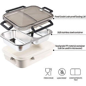 LANSKYWARE 2 Compartments Bento Lunch box with Lunch Bag and Portable Utensils, Stainless Steel Food Lunch Containers for Adults Men Women