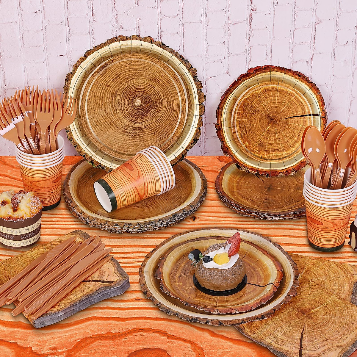 durony 129 Pieces Camping Birthday Party Supply Hunting Party Plate Tablecloth Cup Napkins Wood Slice Tableware Decorations for Kids Camo Hunter Themed Party