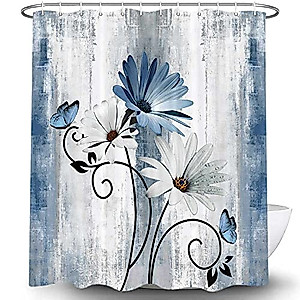 VeiVian Rustic Farmhouse Shower Curtain, Farm Blue Daisy Floral Flowers and Butterfly on Country Wooden Shower Curtain for Bathroom with 12PCS Hooks, 70X70IN, Turquoise Blue