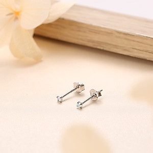 PATISORNA 925 Sterling Silver Long Post Earrings for Thick Earlobes | 2mm Tiny Cubic Zirconia Small Stud Earrings for Women Men Hypoallergenic AB