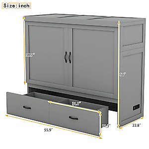 Full Size Murphy Bed and Storage Drawers and USB Port, Space-Saving Wall Bed with Storage,Murphy Bed for Living Room