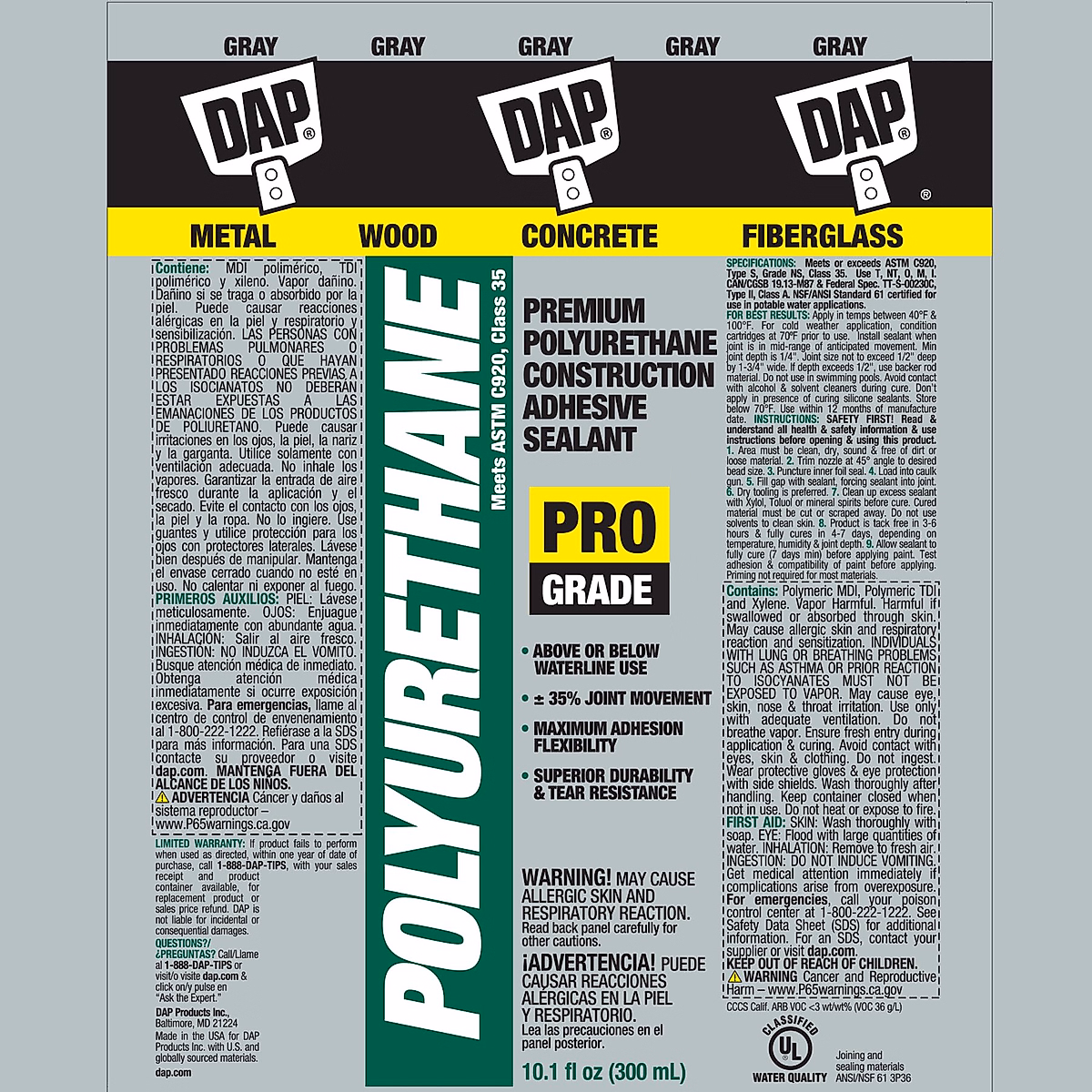 Dap 18814 Adh Slnt Gray Polyurethane Sealant, 10.1 oz