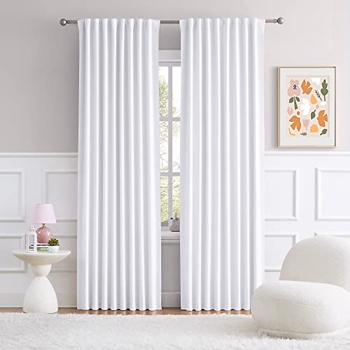 DUALIFE Back Tab/Rod Pocket Bedroom Window Curtains - Half Blackout Pure White Curtains 90 Inches Long, Room Darkening Thermal Insulated Window Treatment Panels 52 x 90 Inch, 2 Panels
