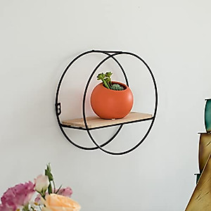 Decorative Modern Round Accent Floating Shelf Circle Decor Display Wall Mounted Rack with Metal Frame and Pine Wood Shelf, Black