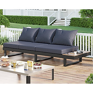 PaPaJet Aluminum Patio Conversation Set with Adjustable Backrest, 3 Piece 3 Seat Modern Outdoor Furniture Set with Wood Grain Plastic Top Side Table for Backyard Poolside Porch, Gray