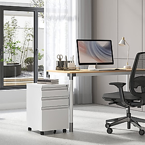 BIZOEIRON 3 Drawer Mobile File Cabinet,Under Desk Metal Filing Cabinet with Lock and Wheels for Letter/Legal/A4 Size (White)