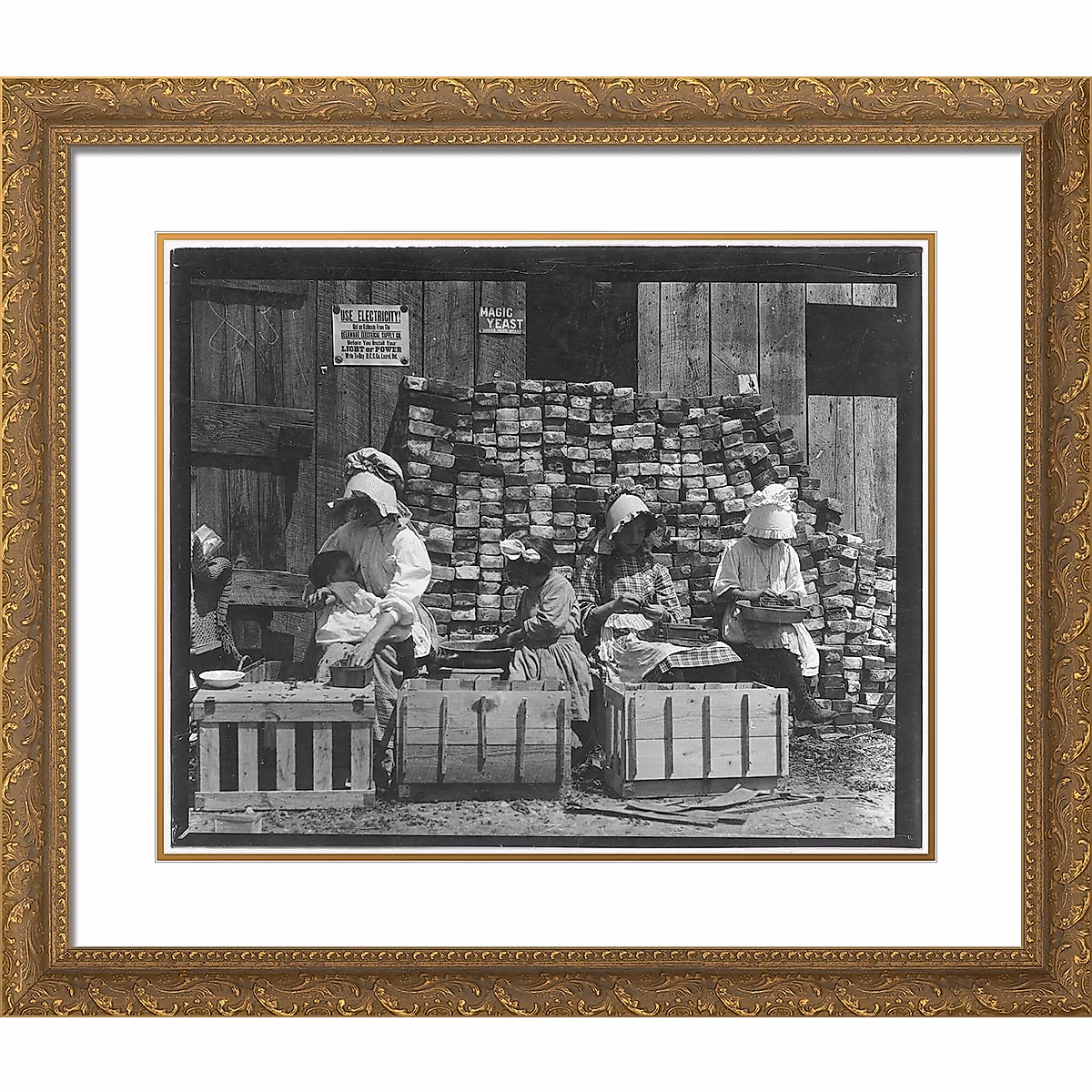 ArtDirect Hine, Lewis Wickes 23x20 Gold Ornate Framed Art Print with Double Matting Titled: A Mother Hulling Berries While She Nurses Her Infant