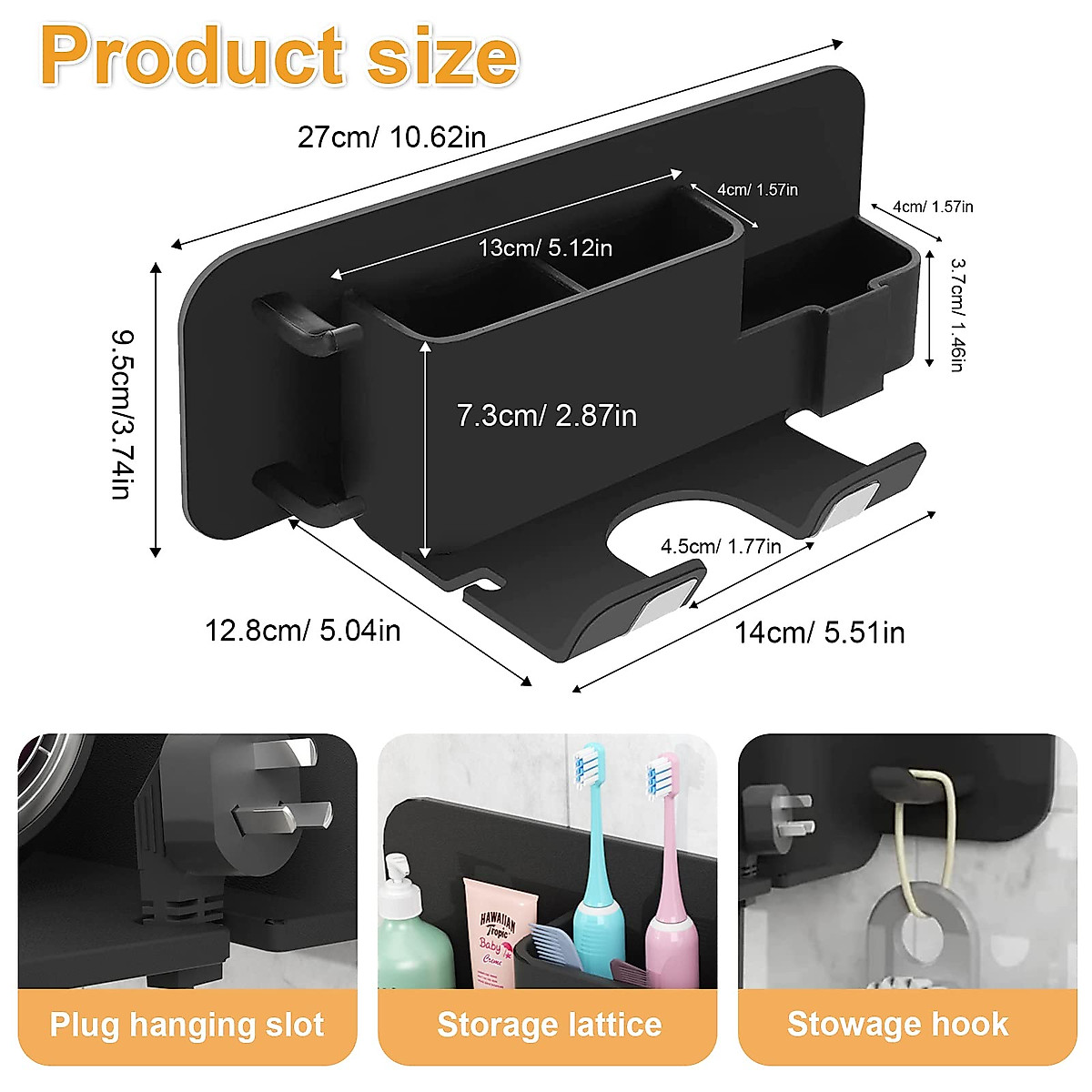 GWSNIO Hair Dryer Holder Wall Mounted, Self-Adhesive Blow Dryer Rack Removable Hair Tool Organizer with Plug Hook, Multi-Functional Hair Care Styling Tool Storage Basket for Bathroom