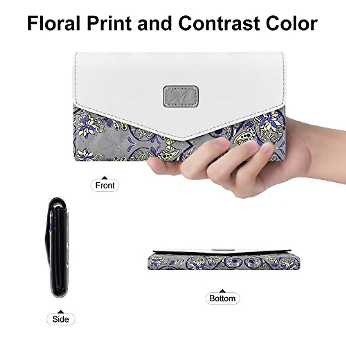 Utenwat Womens Wallets RFID Blocking Trifold Wallet for Women Long PU Leather Clutch Multi Card Cute Ladies Wallets Large Capacity Grey/White