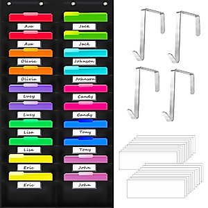 Nylon Storage Pocket Chart with 20 Name Tag Pockets, Hanging Wall File Organizer, 4 Hooks and 20 Blank Cards, Organize Your Assignments, Files, Scrapbooks, Paper (28.5”x 47”) …