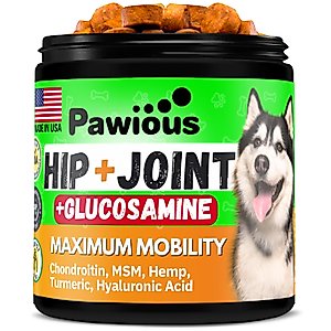 Pawious Hip and Joint Chews for Dogs - Glucosamine for Dogs - Dog Joint Pain Relief - Chondroitin, MSM, Turmeric, Hemp Oil Treats - Advanced Support Dog Joint Supplement Health - Mobility Bites