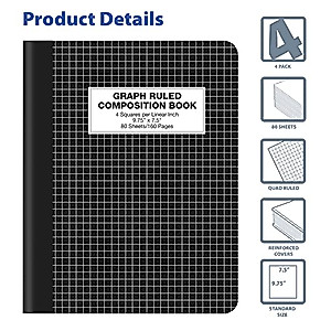Quad Ruled Composition Book Notebook, 4 Pack, Hardcover 4x4 Graph Ruled Paper, 80 Sheets, 9.75" x 7.5", by Better Office Products, Black Cover, 4 Pack