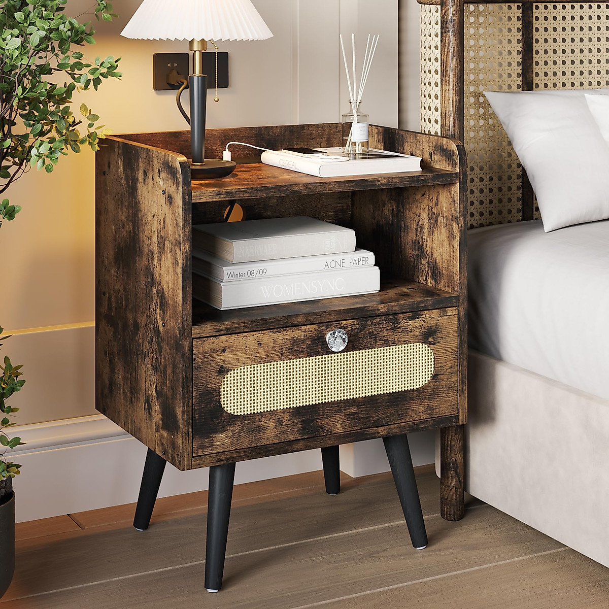 AGDULL Diamond Handle Nightstands Set of 2 with Charging Station, Bedside Table with Solid Wood Legs, End Table with Rattan Drawer, Rustic Brown