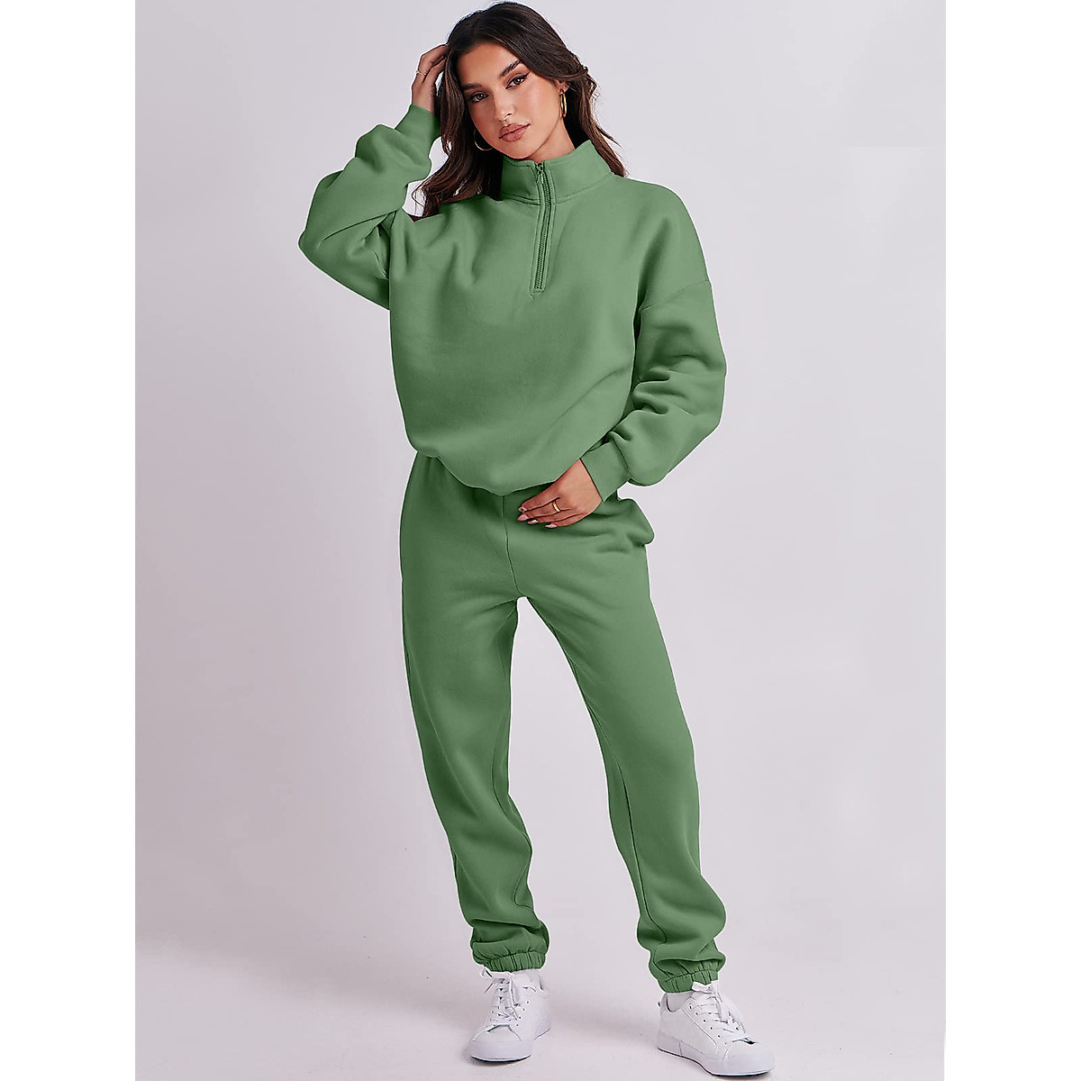 Prinbara Women 2 Piece Outfits Sweat Set 2024 Fall Oversized Sweatshirts Jogger Sweatpants Lounge Sets Tracksuit Dark Green Small