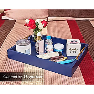 Deluxe Ottoman Tray- Wooden Serving Tray with Handles and Incorporated Cup Holder- Mid Century Modern Décor- Dark Navy Blue Tray 18"x14"x.3