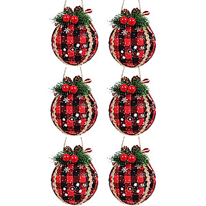 Shatterproof Christmas Ball Ornaments with Pinecones & Greenery 6pcs Buffalo Plaid Ball Ornaments Aousthop Black Red Burlap Foam Ball Hanging Decorations for Xmas Tree Ne Miniature (Red, One Size)