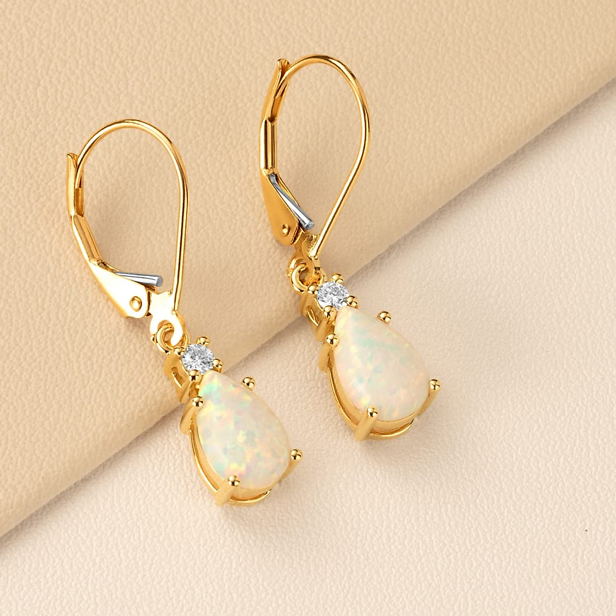 Peora 14K Yellow Gold Created White Fire Opal and Genuine Diamond Teardrop Leverback Earrings for Women, 2.10 Carats total Pear Shape 9x6mm, Dainty Fire Opal Jewelry, October Birthstone Earrings