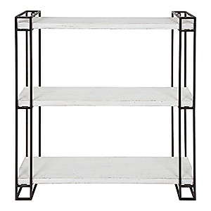 Kate and Laurel Lintz Modern Industrial Wood and Metal Floating Wall Shelves with Black Metal Frame, Rustic White