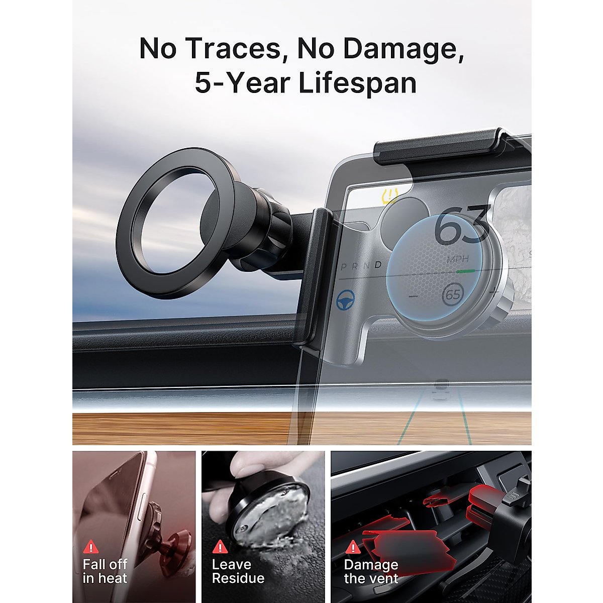JSAUX Tesla Phone Mount, Mag-Safe Phone Holder Phone Stand 【Sturdy Base Designed】 Easy to Install, Only Compatible with Tesla New Model 3 2023/Y/S/X, iPhone 15/14/13/12 Series and Other Phone