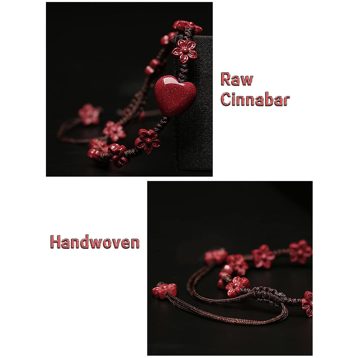 Xgimas Natural Cinnabar Bracelet, Adjustable Handmade Braided Rope Prosperity Flowers Good Lucky Red Heart Shaped Charm Bracelet for Women Men
