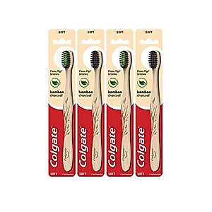 Colgate Charcoal Bamboo Toothbrushes, Eco Friendly Natural Bamboo Handle, Soft, 4 Count