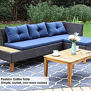 MFSTUDIO 3 Pieces Patio Rattan Furniture Set，Outdoor Wicker and Acacia Wood Sectional Sofa Set for Garden,Backyard,Poolside(Navy Blue)