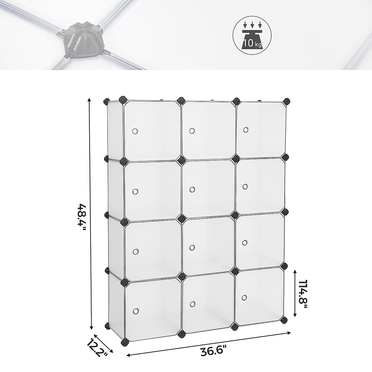 SONGMICS Cube Storage Organizer, Set of 12 Plastic Cubes, Closet Storage Shelves, DIY Plastic Closet Cabinet, Modular Bookcase, Shelving with Doors for Bedroom, Living Room, White ULPC342W01