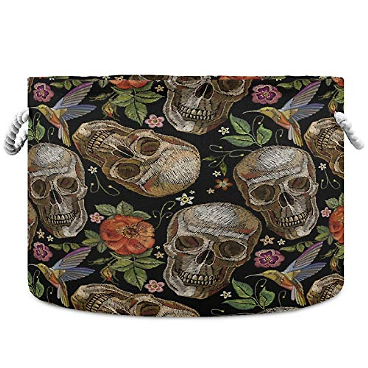 visesunny Storage Basket Embroidery Skull and Roses Humming Bird Flowe Nursery Hamper Canvas Fabric Toy Storage Organizer Bin Storage Box Laundry Basket for Kid Rooms,Playroom,Shelves