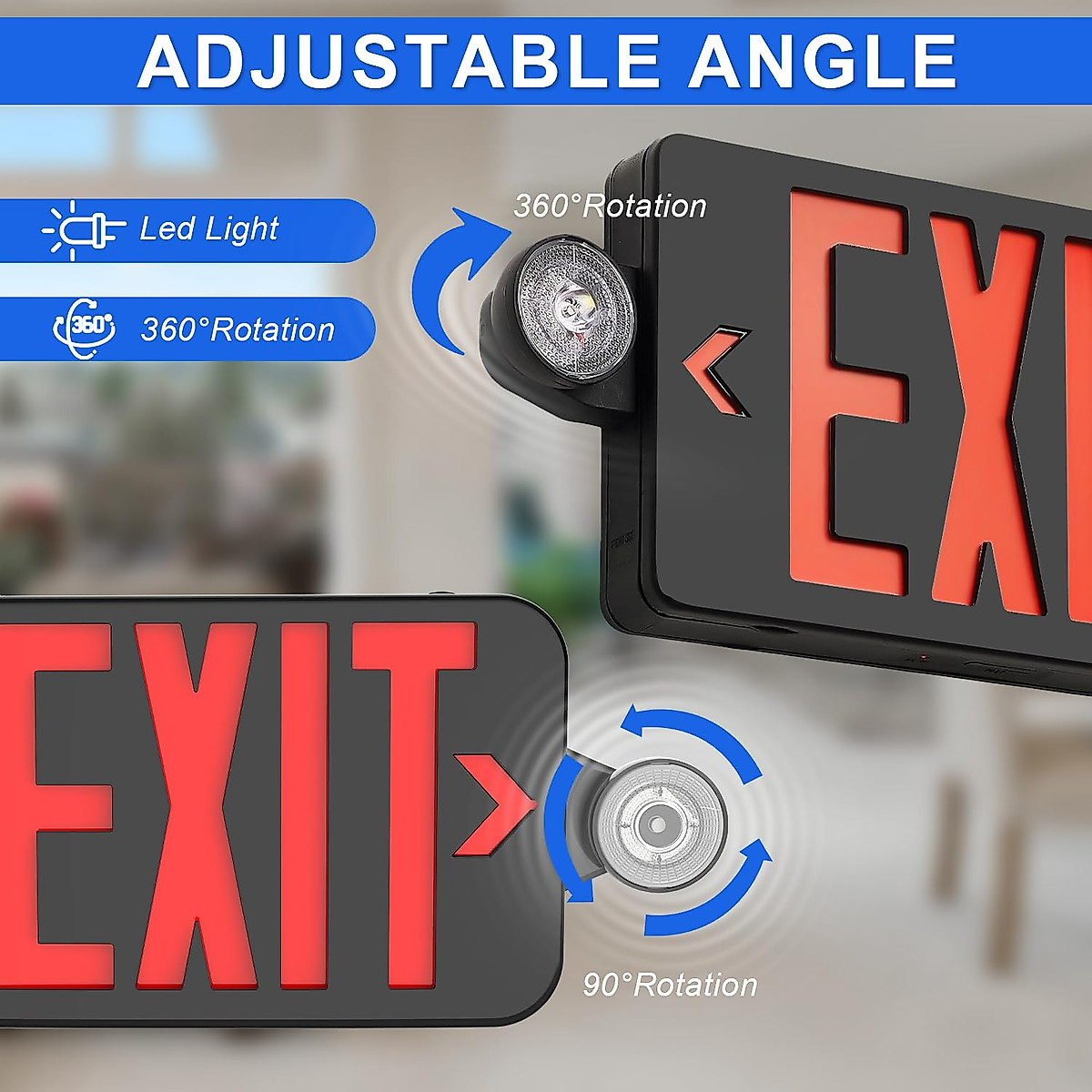 Black LED Exit Sign with Emergency Lights, Adjustable Two LED Head Exit Light with Battery Backup, UL Listed, AC 120/277V, Double Sided Hard Wired Commercial Emergency Light for Business (4 Pack)
