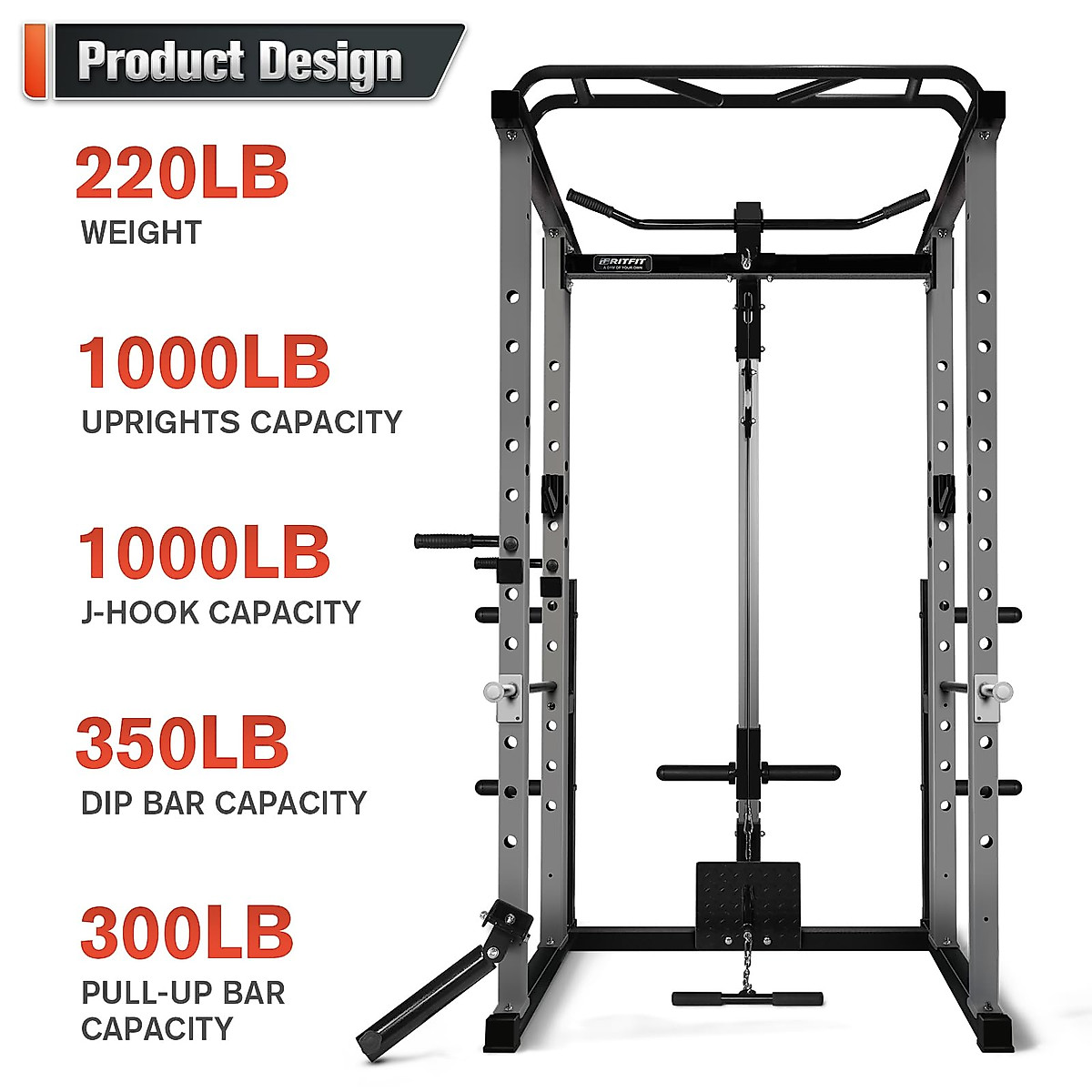 RitFit Power Cage with LAT Pull Down and 360° Landmine, 1000LB Capacity Power Rack Full Home Gym for Weightlifting, Come with J-Cups,Dip Bars and Other Attachments (2023 Version PPC02)-Grey
