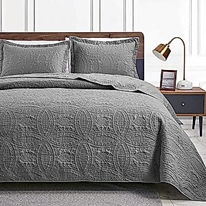 Love's cabin King Size Quilt Set Grey Soft Bed Summer Bedspreads - Lightweight Microfiber- Modern Style Coin Pattern Coverlet for All Season - 3 Piece (1 Quilt, 2 Pillow Shams)