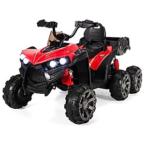 Costzon Kids ATV, 12V Battery Powered 6 Wheels Electric Vehicle w/ 4WD, Back Trunk, LED Lights, Music, Story, USB, Backrest, Treaded Tires, Ride on Car Quad for Boys & Girls Gift, Ride on ATV (Red)