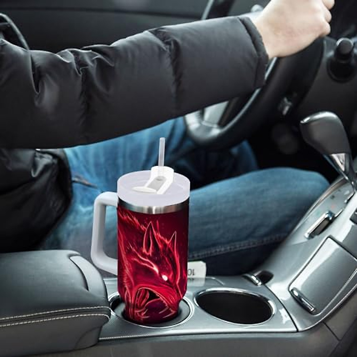 ODAWA 40 Oz Travel Insulated Tumblers with Straw and Handle, Wolf Red Blue Double Wall Insulated Tumbler