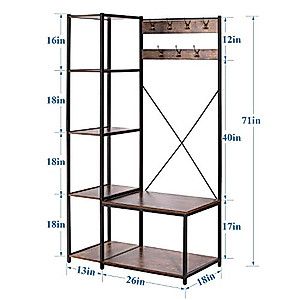 VECELO Coat Rack Shoe Bench,Hall Tree with 7 Hooks Entryway Storage 4-Tier Shelves and 1-Tier Shoe Shelf,Wood Look Accent Furniture Metal Frame,4 in 1 Design, Easy Assembly,Brown