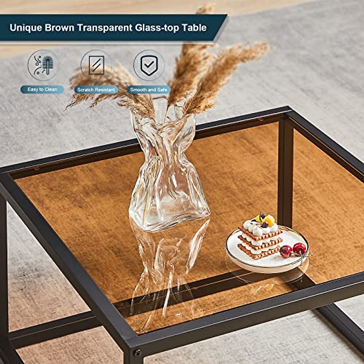 SAYGOER Glass Coffee Table Modern Coffee Tables Simple Square Center Table for Living Room Home Office Tempered Glass-top with Sturdy Metal Frame 26.7 x 26.7 x 15.7 Inches Easy Assembly, Brown Glass