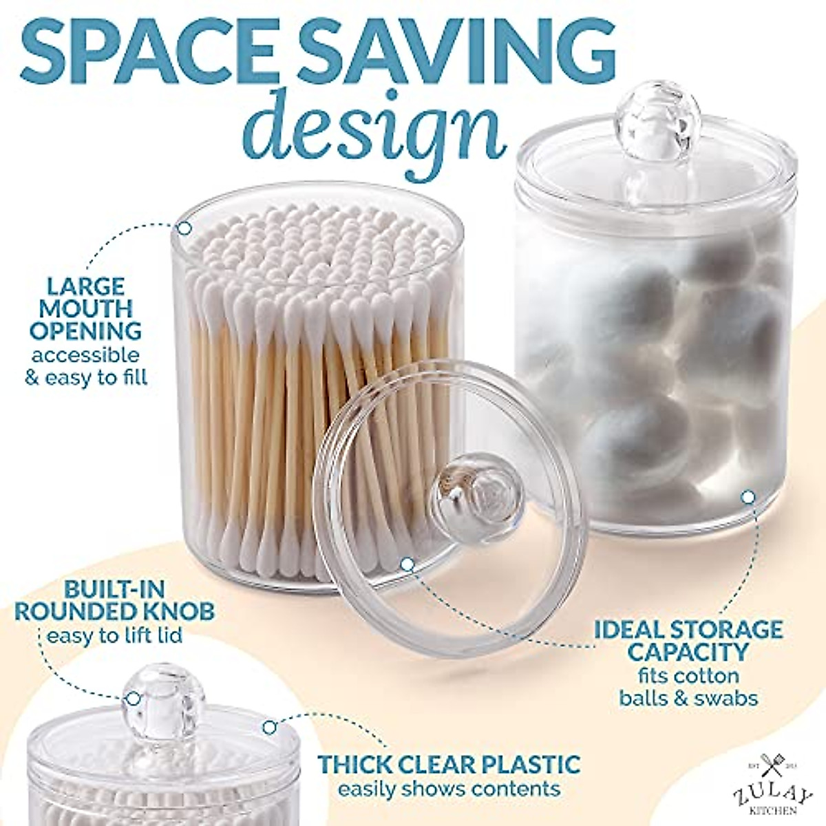 Zulay Home 2 Pack Qtip Holder Bathroom Canisters - 20oz Cotton Ball Holder - Clear Cotton Swab Holder & Qtip Dispenser - Plastic Storage Bathroom Jars with Lids Set for Cotton, Pads, Swabs, Makeup