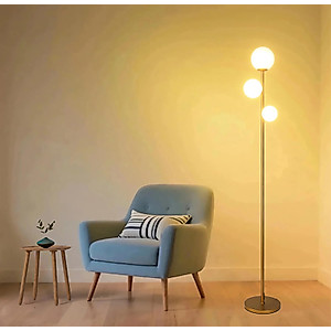 3 Globe Mid Century Modern Floor Lamp for Living Room, Contemporary Gold Floor Lamp with Frosted Glass Shade and Bulbs Included, LED Standing Tall Pole Lamp for Bedrooms, Office - Antique Brass