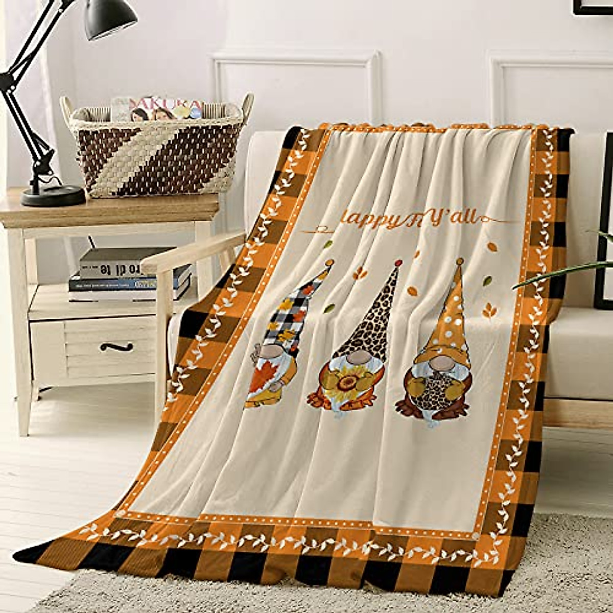 Flannel Fleece Throw Microfiber Blanket Super Soft Cozy Blanket Thanksgiving Happy Fall Y'all Gnome with Pumpkins Lightweight Fuzzy Bedding Fleece Blanket for Couch Sofa Bed-39" x 49"