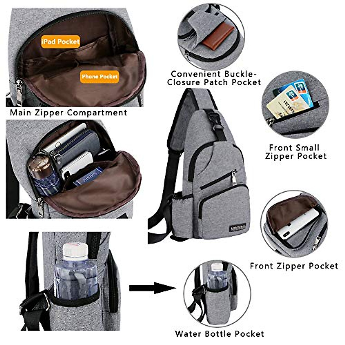 Peicees Sling Bag for Men Women Shoulder Bag Daypack with Bottle Holder