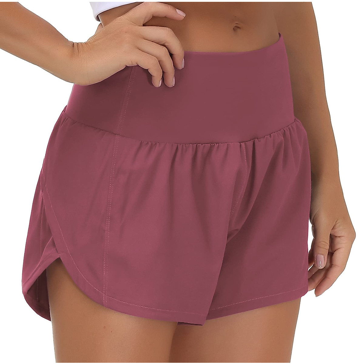 THE GYM PEOPLE Womens High Waisted Running Shorts Quick Dry Athletic Workout Shorts with Mesh Liner Zipper Pockets (Rose Red, X-Small)